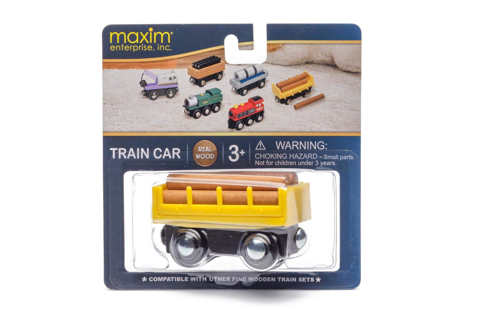 Maxim Enterprise, inc. Log Car for Wooden Railway, 5 Piece Kids Train Set with Magnetic Link and Removable Logs, Compatible with Thomas and Friends, Brio Train Sets & Major Brand Wooden Railway