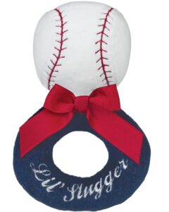 bearington collection baby lil’ slugger, 5.5 inch red, white and blue plush stuffed baby baseball soft ring rattle