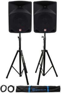 rockville pair rpg10 10" 1200w powered pa/dj speakers + 2 stands + 2 cables+bag