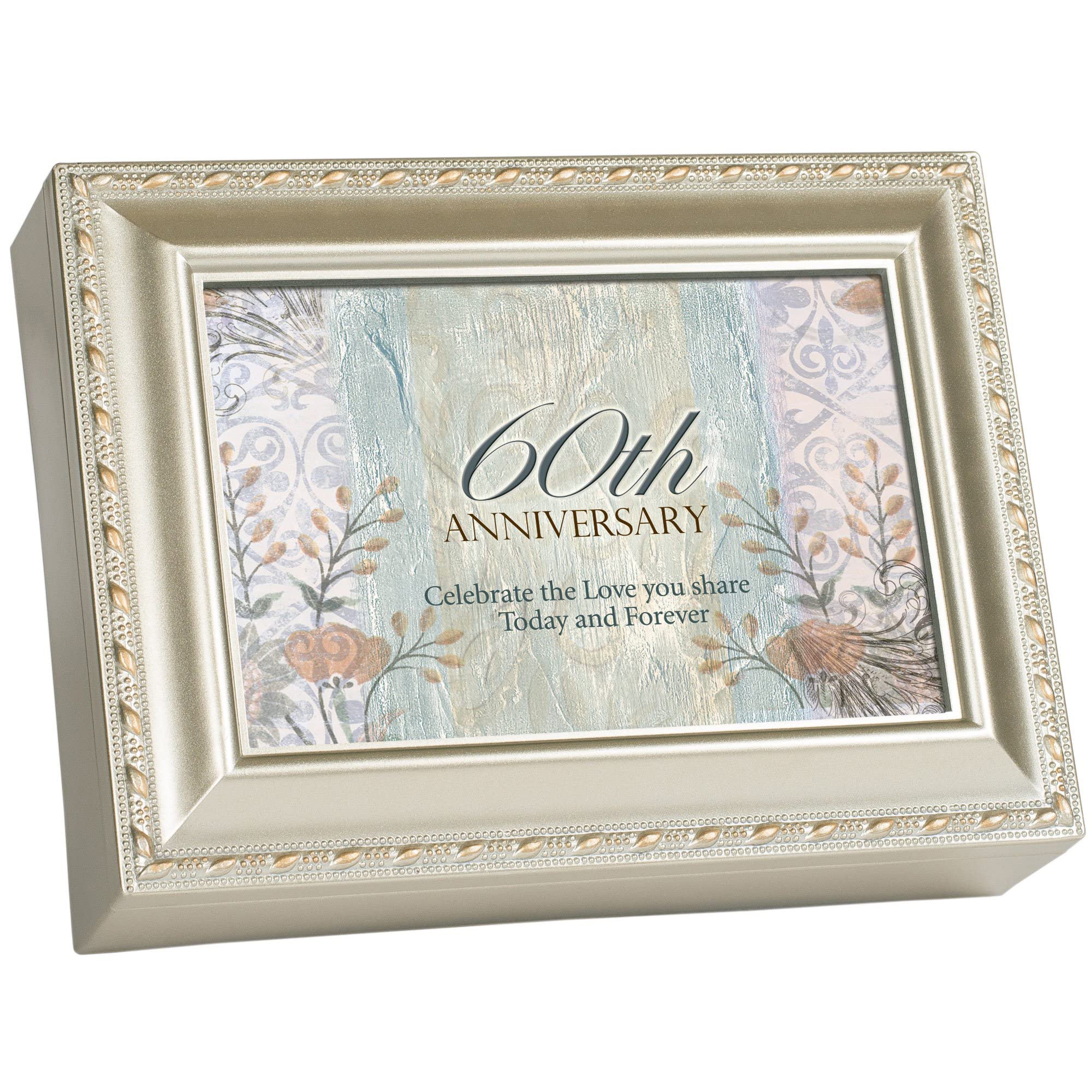 Cottage Garden 60th Anniversary Celebrate Love Champagne Silver Rope Trim Music Box Plays Unchained Melody