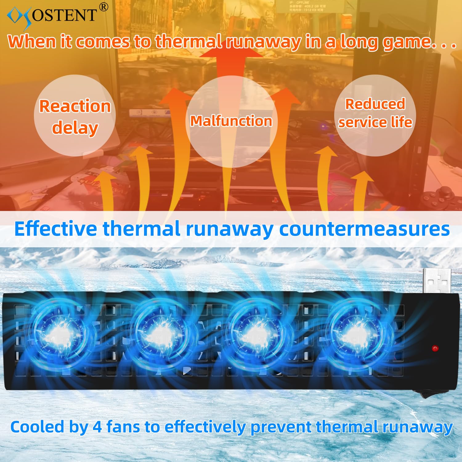 OSTENT USB Cooling Cooler Fan 4-Fan Automatic Temperature Adjustable for Sony PS3 Console