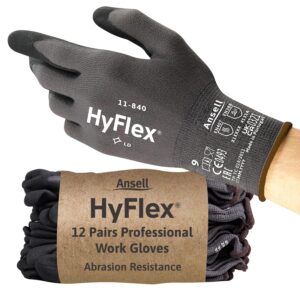 ansell hyflex 11-840 ergonomic abrasion-resistant nylon spandex nitrile coated industrial gloves for automotive, fabrication - med (8) grey (12 pairs)