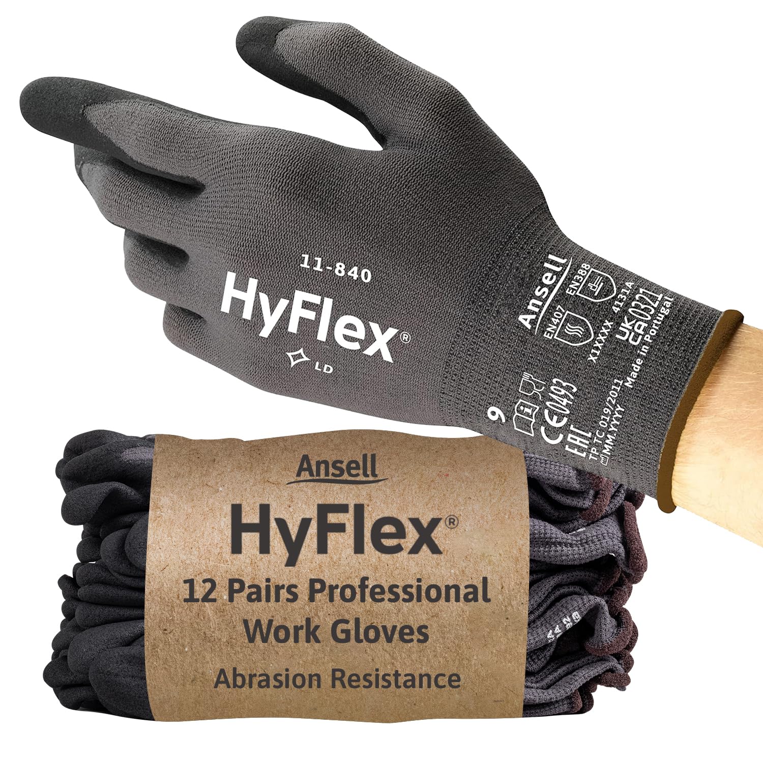 Ansell HyFlex 11-840 Ergonomic Abrasion-Resistant Nylon Spandex Nitrile Coated Industrial Gloves for Automotive, Fabrication - Med (8) Grey (12 Pairs)