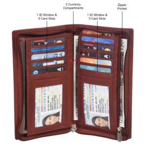 Leatherboss Genuine Leather Checkbook Holder Wallet with All Around Zipper, Brown