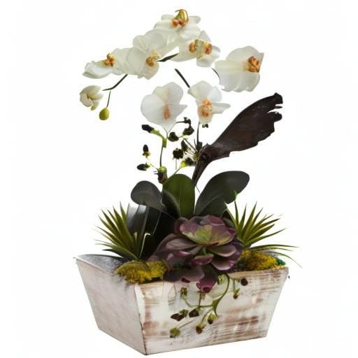 Nearly Natural Artificial Orchid & Succulent Garden with White Wash Planter