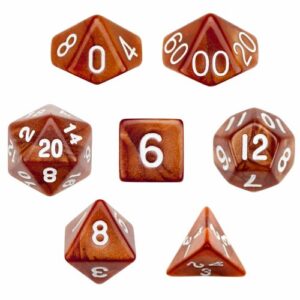 wiz dice 7 die polyhedral dice set - copper sands (brown glitter) with velvet pouch