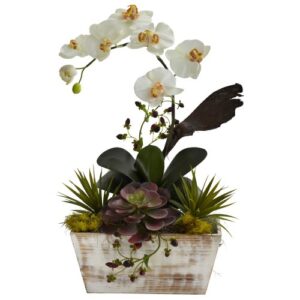 nearly natural artificial orchid & succulent garden with white wash planter