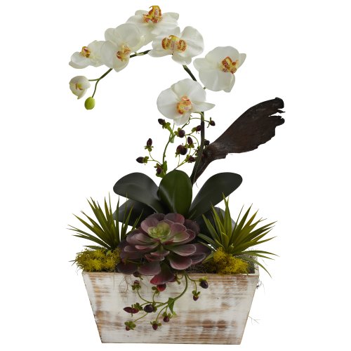 Nearly Natural Artificial Orchid & Succulent Garden with White Wash Planter