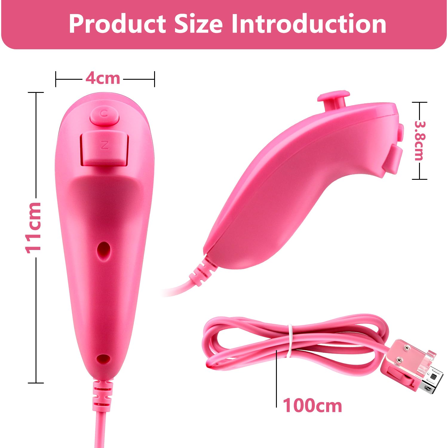 OSTENT Motion Based Wired Nunchuck Controller for Nintendo Wii Console Video Game Color Pink