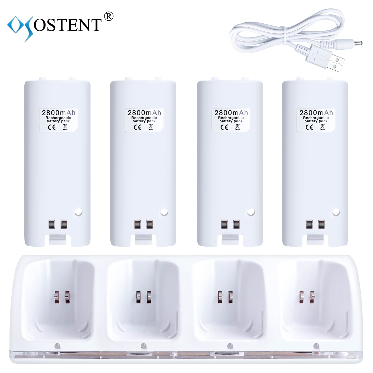 OSTENT Charger Dock Station + 4 Battery Packs for Nintendo Wii Remote Controller Color White