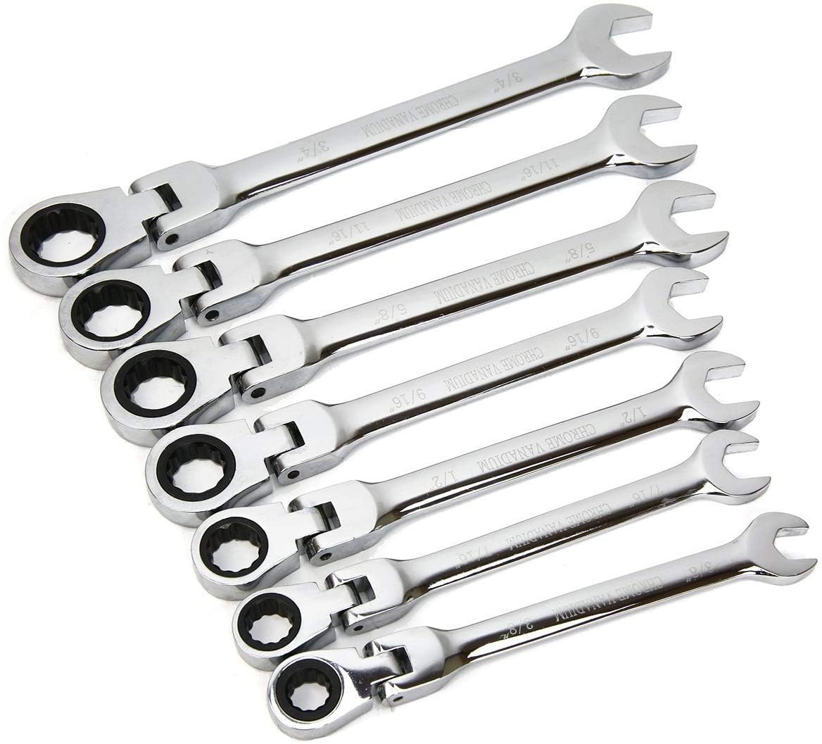 XtremepowerUS 7-Piece Flex-Head Ratcheting Combination Wrench Set, Wrenches with 72-Tooth, SAE 3/8" To 3/4" Set