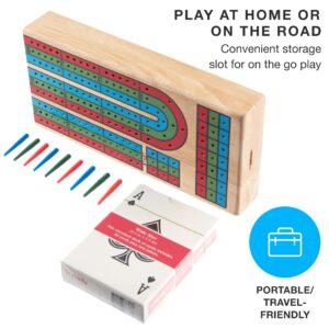 Brybelly Cribbage Board Game Set - Traditional Wooden Board Game, Classic 3-Track Layout, Plastic Pegs - Standard Deck of Playing Cards Included - Folding Portable Storage