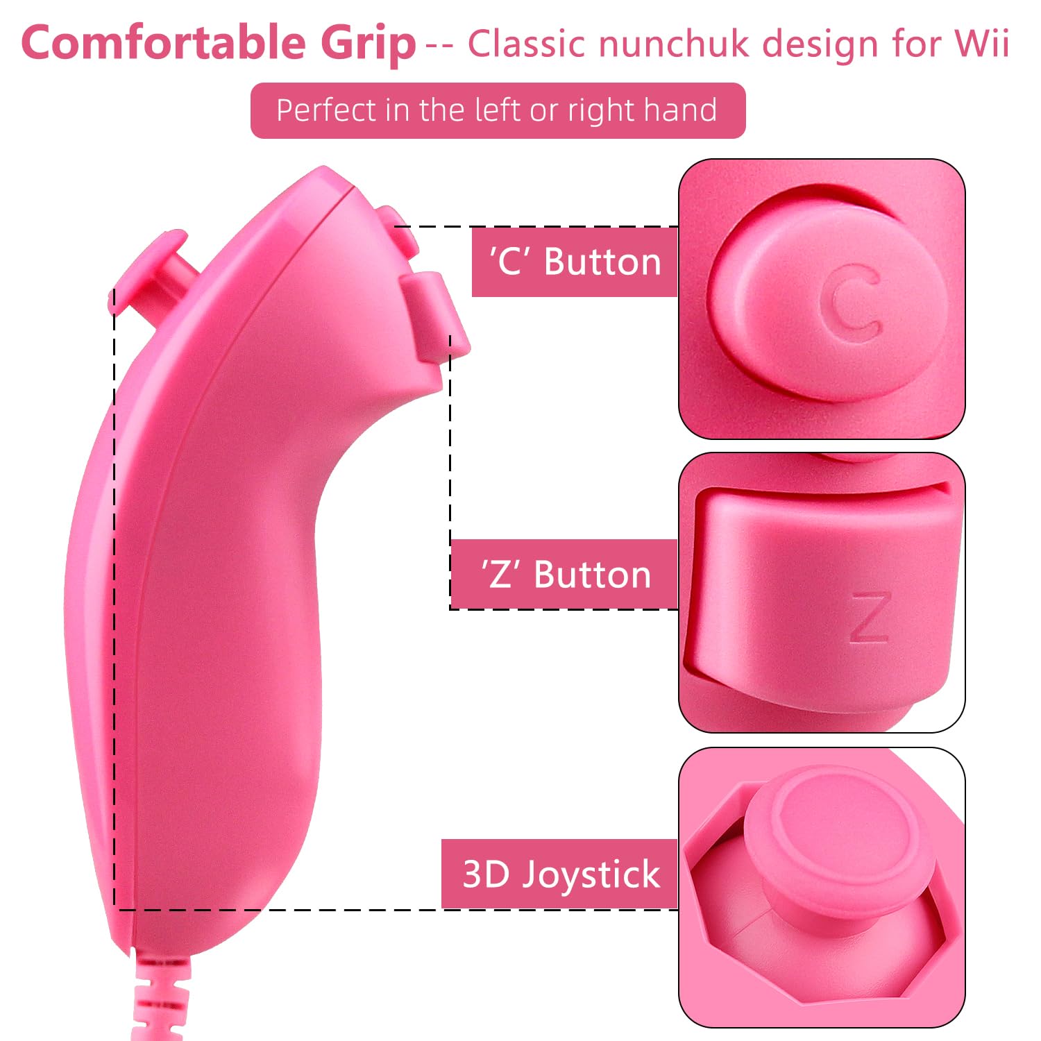 OSTENT Motion Based Wired Nunchuck Controller for Nintendo Wii Console Video Game Color Pink