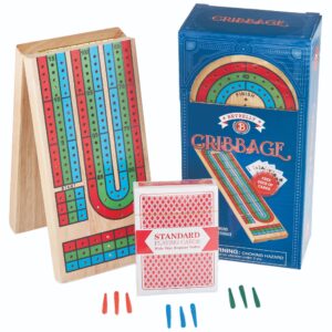 brybelly cribbage board game set - traditional wooden board game, classic 3-track layout, plastic pegs - standard deck of playing cards included - folding portable storage