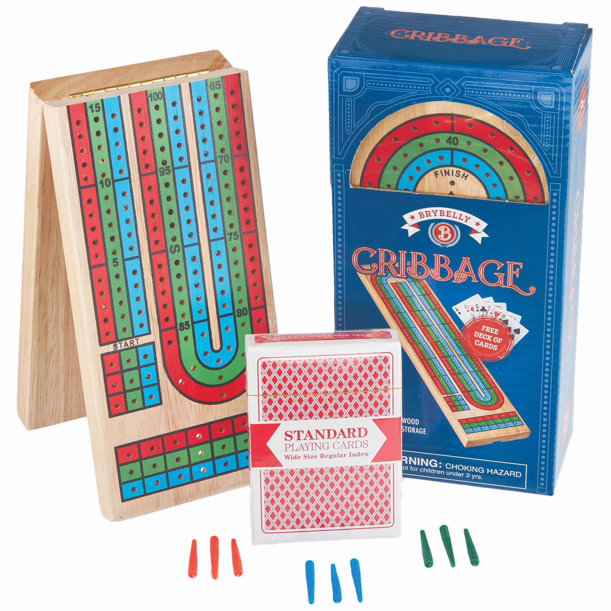 Brybelly Cribbage Board Game Set - Traditional Wooden Board Game, Classic 3-Track Layout, Plastic Pegs - Standard Deck of Playing Cards Included - Folding Portable Storage