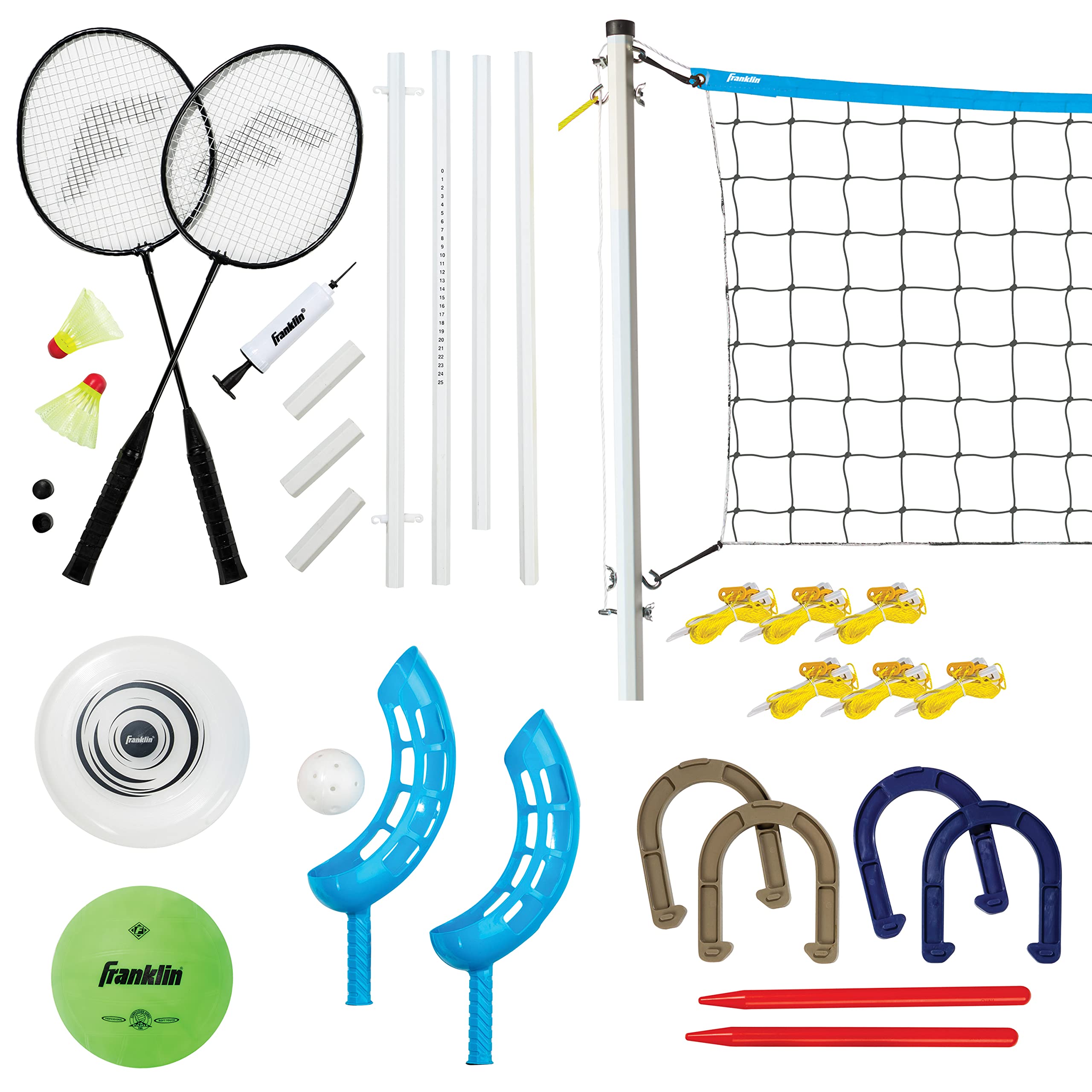 Franklin Sports Fun 5 Combo Outdoor Game Set - Backyard, Beach + Camping Games for Kids - Badminton, Volleyball, Flip Toss, Flying Disc - Horseshoes or Ring Toss