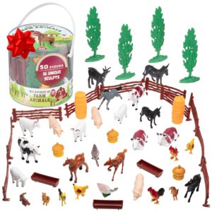 scs direct farm animal toy action figure 50pc set - different barnyard animals & accessories including cows, horses, chickens, sheep & more - great for bath toys, pretend play, birthday gifts for kids