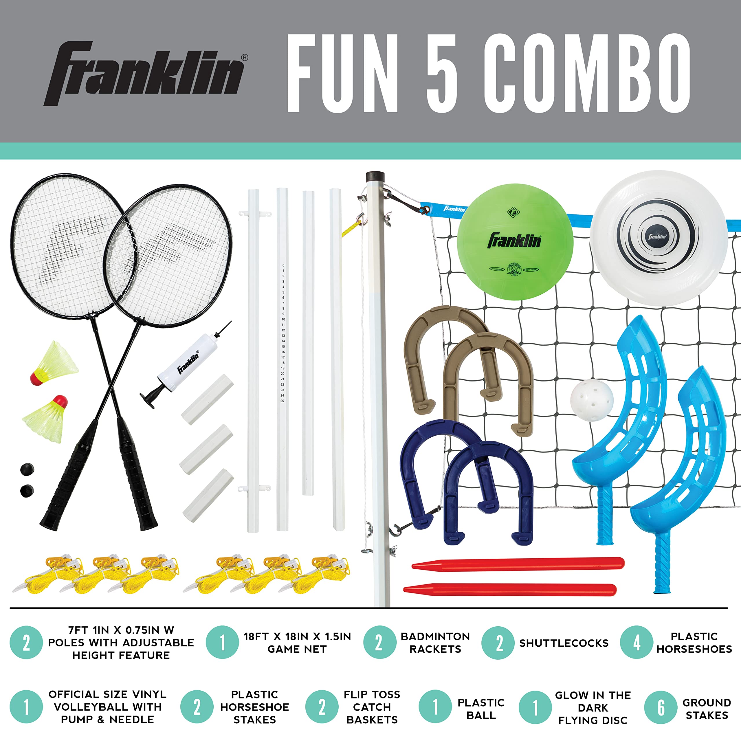 Franklin Sports Fun 5 Combo Outdoor Game Set - Backyard, Beach + Camping Games for Kids - Badminton, Volleyball, Flip Toss, Flying Disc - Horseshoes or Ring Toss