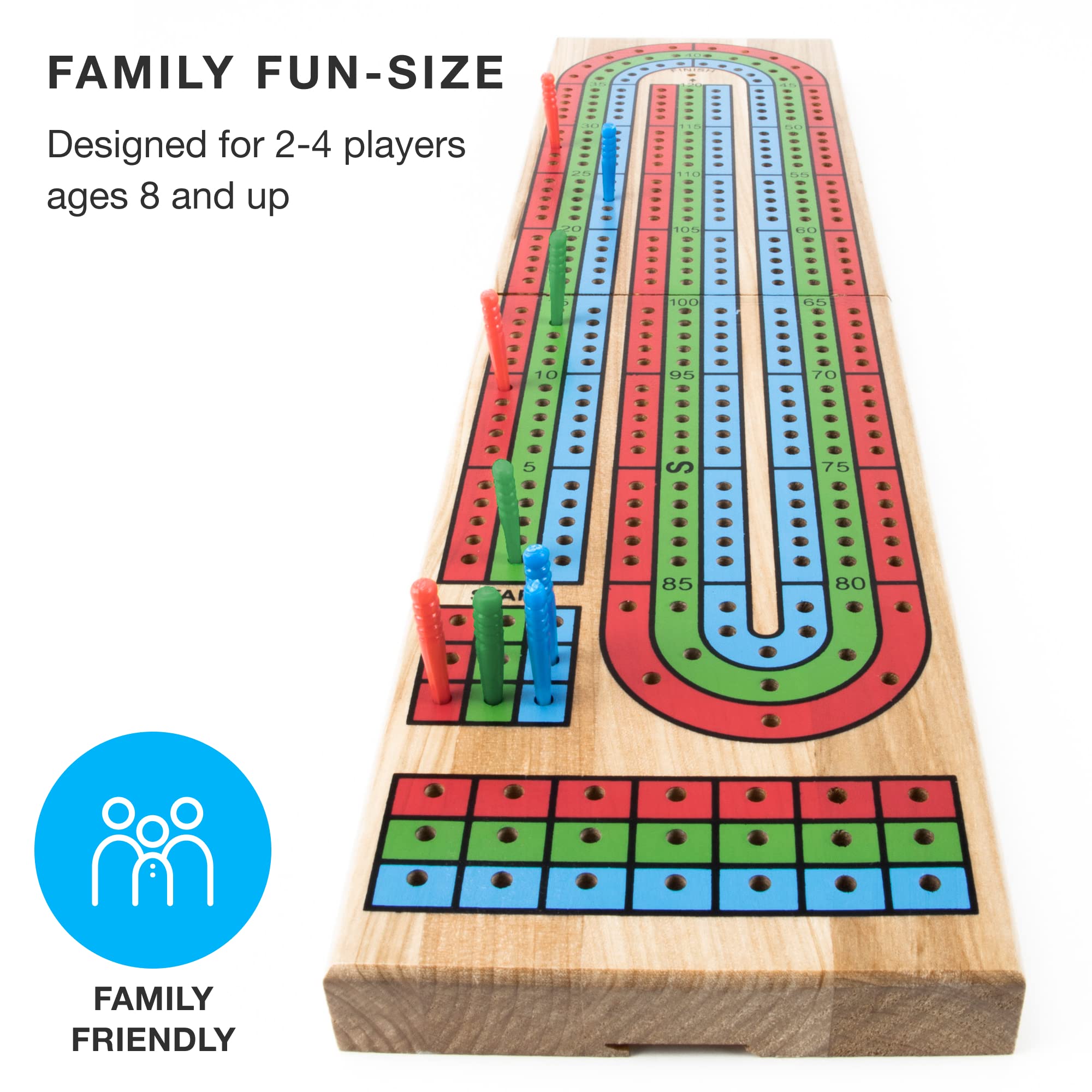 Brybelly Cribbage Board Game Set - Traditional Wooden Board Game, Classic 3-Track Layout, Plastic Pegs - Standard Deck of Playing Cards Included - Folding Portable Storage