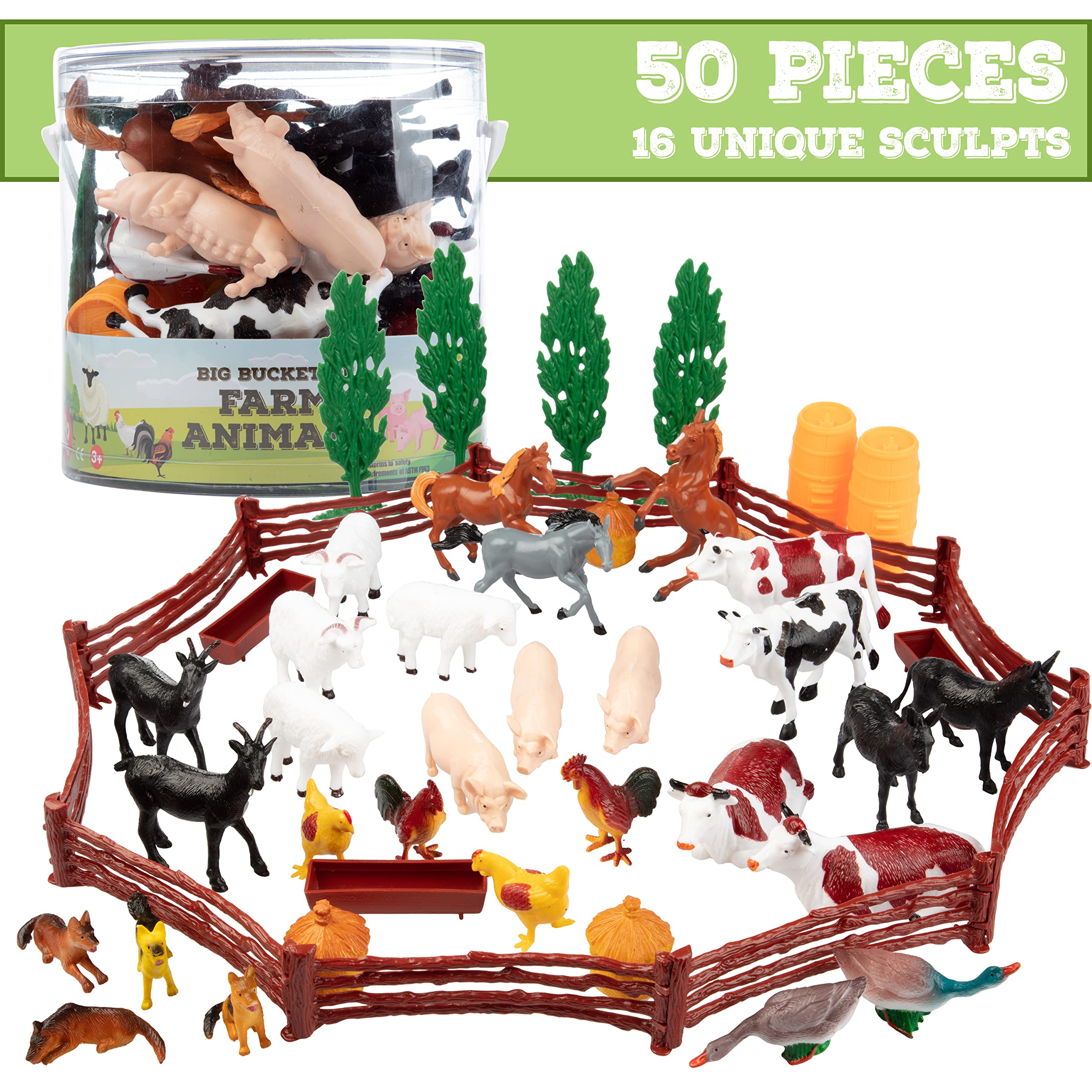 SCS Direct Farm Animal Toy Action Figure 50pc Set - Different Barnyard Animals & Accessories Including Cows, Horses, Chickens, Sheep & More - Great for Bath Toys, Pretend Play, Birthday Gifts for Kids