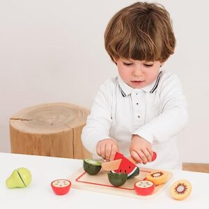 New Classic Toys Wooden Pretend Play Toy for Kids Cutting Meal Fruit 8 pieces Cooking Simulation Educational Toys and Color Perception Toy for Preschool Age Toddlers Boys Girls