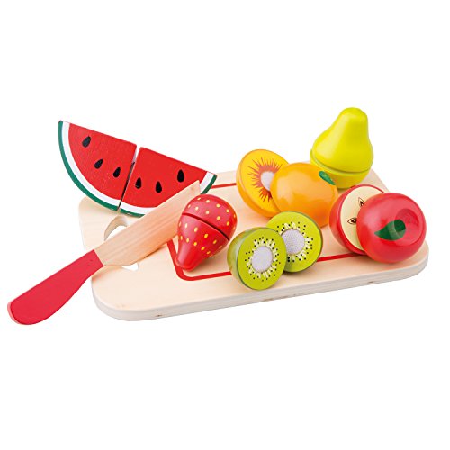 New Classic Toys Wooden Pretend Play Toy for Kids Cutting Meal Fruit 8 pieces Cooking Simulation Educational Toys and Color Perception Toy for Preschool Age Toddlers Boys Girls