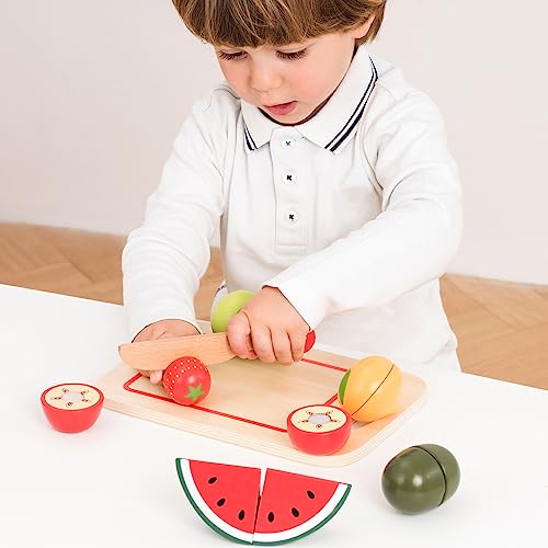 New Classic Toys Wooden Pretend Play Toy for Kids Cutting Meal Fruit 8 pieces Cooking Simulation Educational Toys and Color Perception Toy for Preschool Age Toddlers Boys Girls