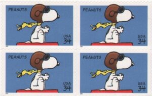 peanuts ~ snoopy ~ red baron ~ charles schulz #3507 block of 4 x 34¢ us postage stamps