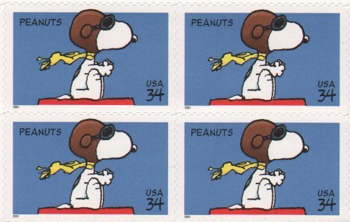 PEANUTS ~ SNOOPY ~ RED BARON ~ CHARLES SCHULZ #3507 Block of 4 x 34¢ US Postage Stamps