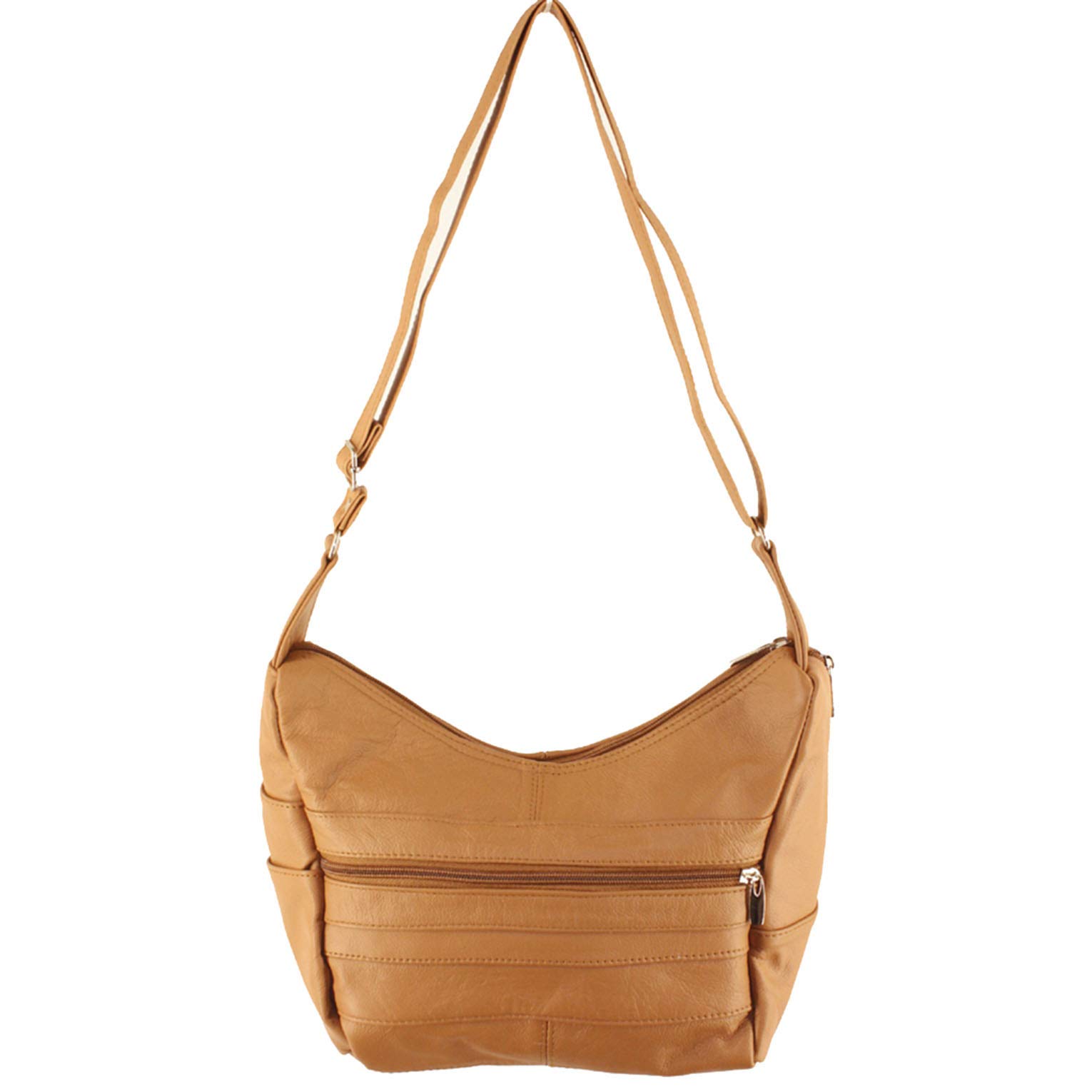 Women's Leather Medium Cross Body Purse Shoulder Ladies Handbag with Many Pockets(Light Brown)