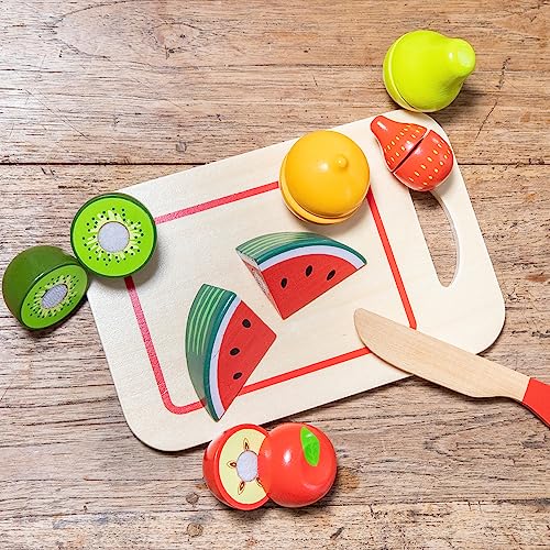 New Classic Toys Wooden Pretend Play Toy for Kids Cutting Meal Fruit 8 pieces Cooking Simulation Educational Toys and Color Perception Toy for Preschool Age Toddlers Boys Girls