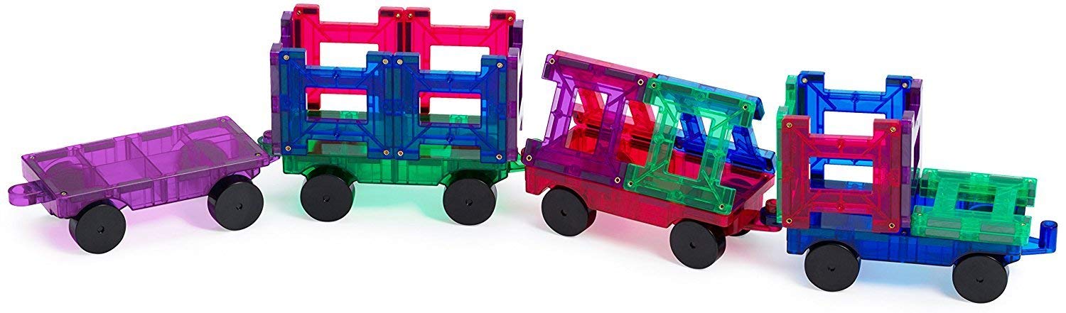 Playmags Magnetic Tiles Train Set, 20 Piece Accessory Set Includes 4 Trains, Stronger Magnets, Building Blocks Add-On, STEM Toys for Kids.