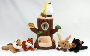 special edition plush treehouse with animals - tree stump + five (5) stuffed forest animals (fox, elk, bird, black bear, and chipmunk)