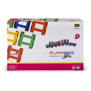 Playmags Magnetic Tiles Train Set, 20 Piece Accessory Set Includes 4 Trains, Stronger Magnets, Building Blocks Add-On, STEM Toys for Kids.