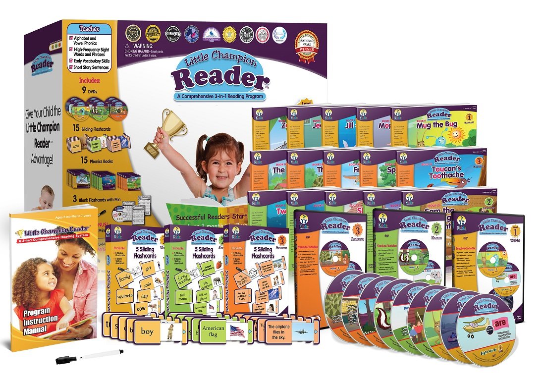 Early Reading Program for Baby, Toddler, Preschool, Kindergarten- Alphabet, Vowel Phonics & 200+ Sight Words - Little Champion Reader 9 DVD, Flash Card, Book Kit