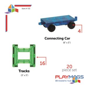 Playmags Magnetic Tiles Train Set, 20 Piece Accessory Set Includes 4 Trains, Stronger Magnets, Building Blocks Add-On, STEM Toys for Kids.