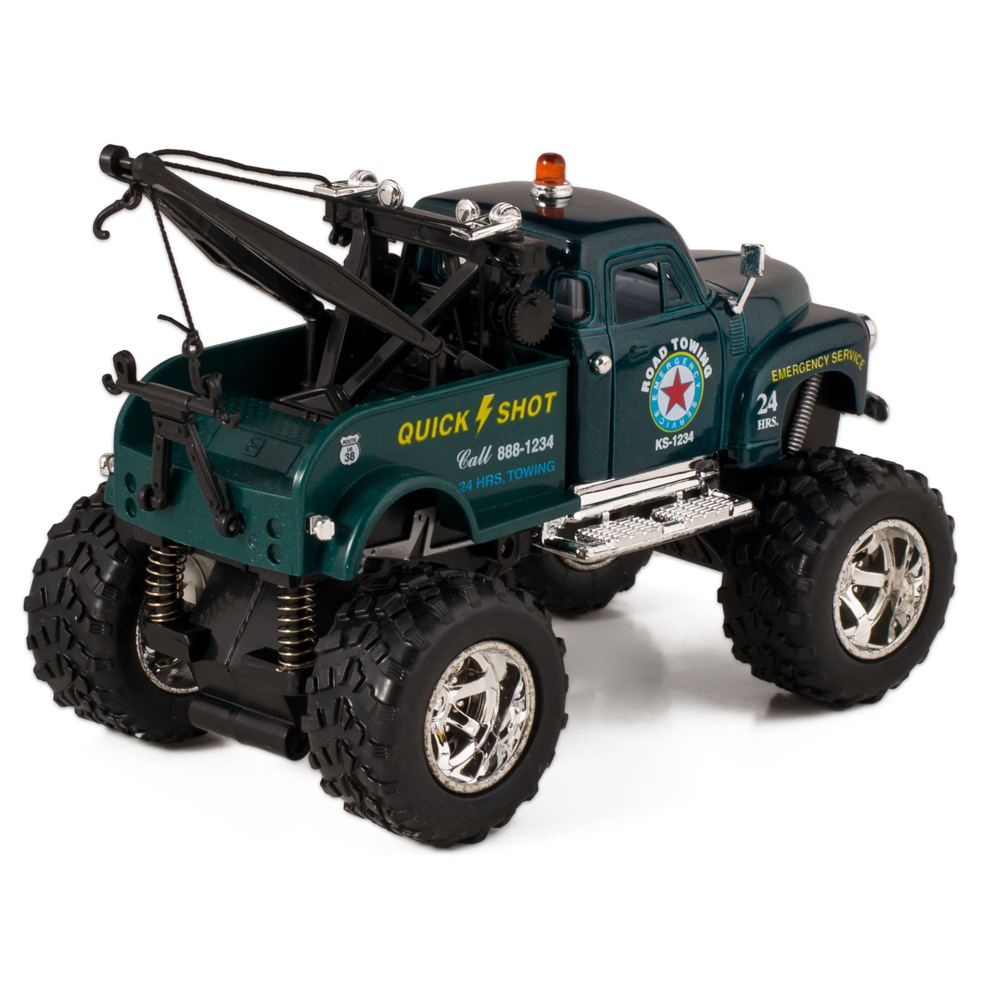 KiNSMART Green 1953 Chevy Off-Road Wrecker Die Cast Tow Truck Toy with Monster Wheels