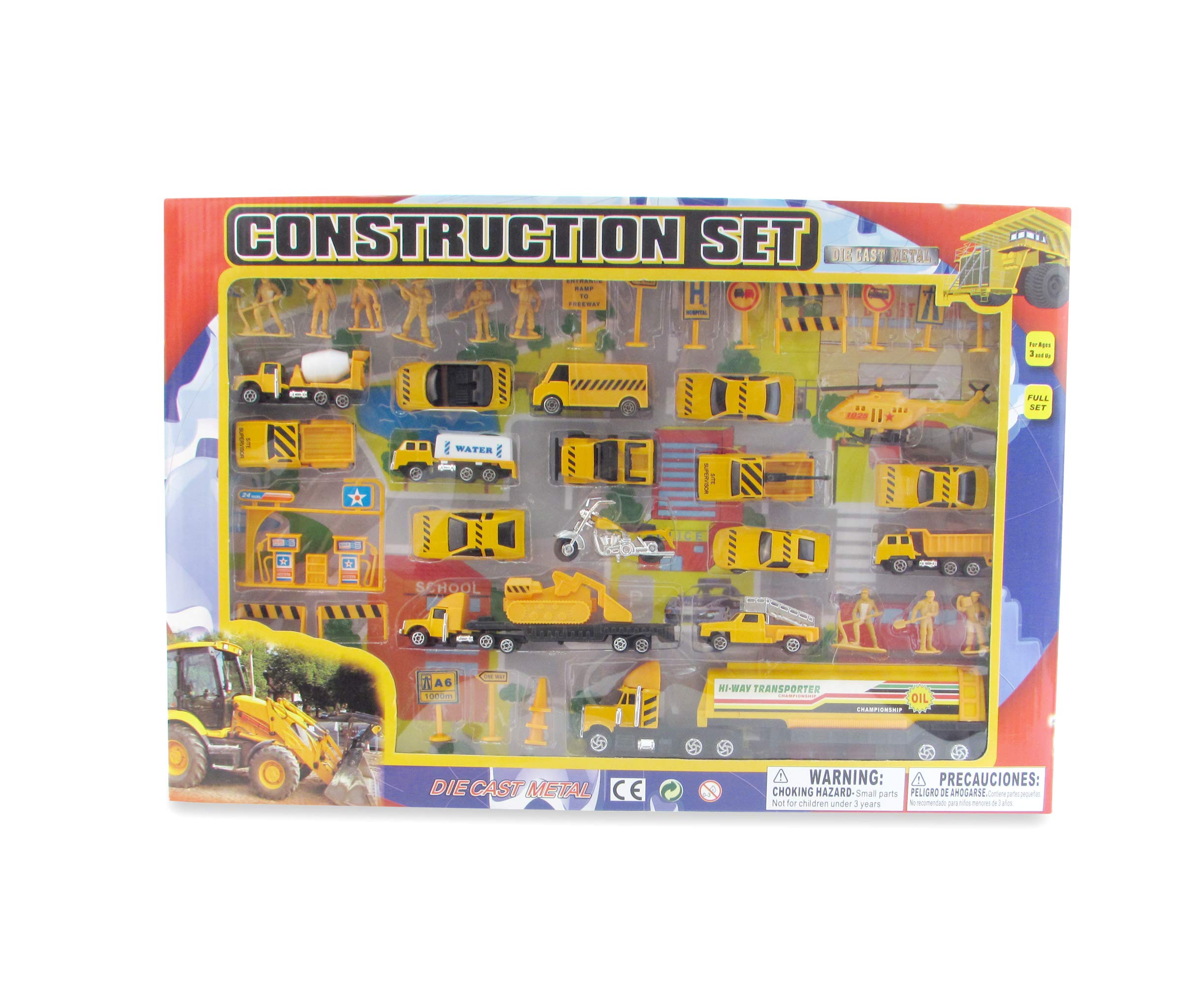 METRO Complete Construction Crew 43 Piece Mini Toy Diecast Vehicle Play Set, Comes with Street Play Mat, Variety of Vehicles and Figures