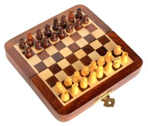 stonkraft - 7" x 7" - wooden travel folding small chess game board set + wooden magnetic crafted pieces