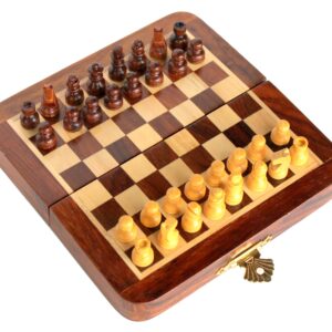 StonKraft - 7" x 7" - Wooden Travel Folding Small Chess Game Board Set + Wooden Magnetic Crafted Pieces