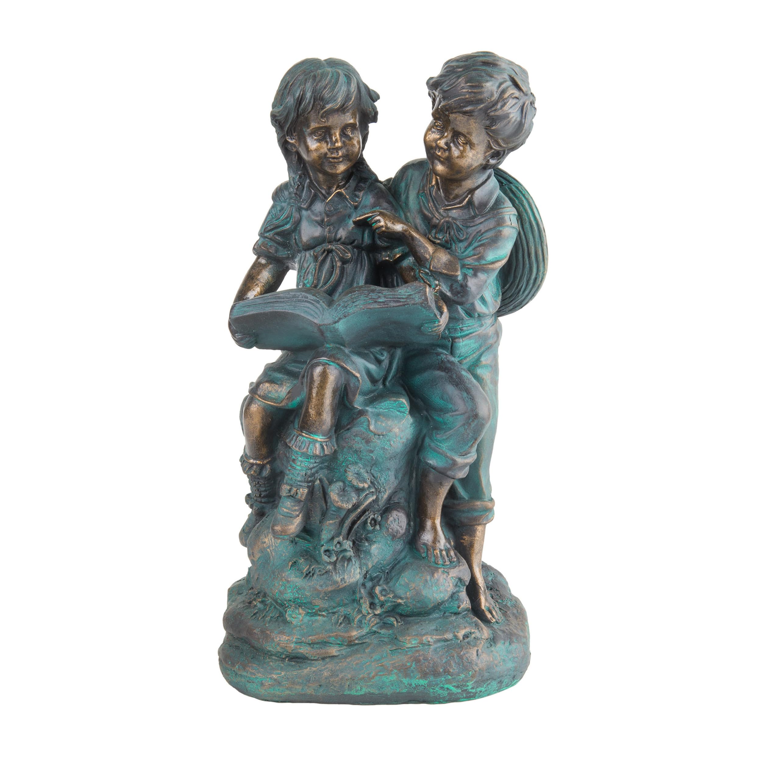 Alpine Corporation 15" Tall Indoor/Outdoor Girl and Boy Reading Together Statue Yard Art Decoration