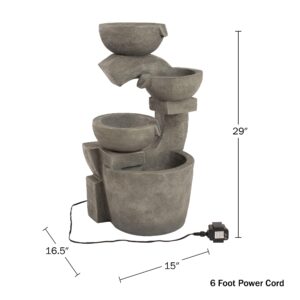 Outdoor Water Fountain With LED Lights- Lighted Pots Fountain with Cascading Bowls and Soothing Sound for Patio, Lawn and Garden Décor By Pure Garden