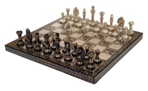 stonkraft brass chess board game set with 100% brass chess pieces chessmen coins (12" x 12" inches)