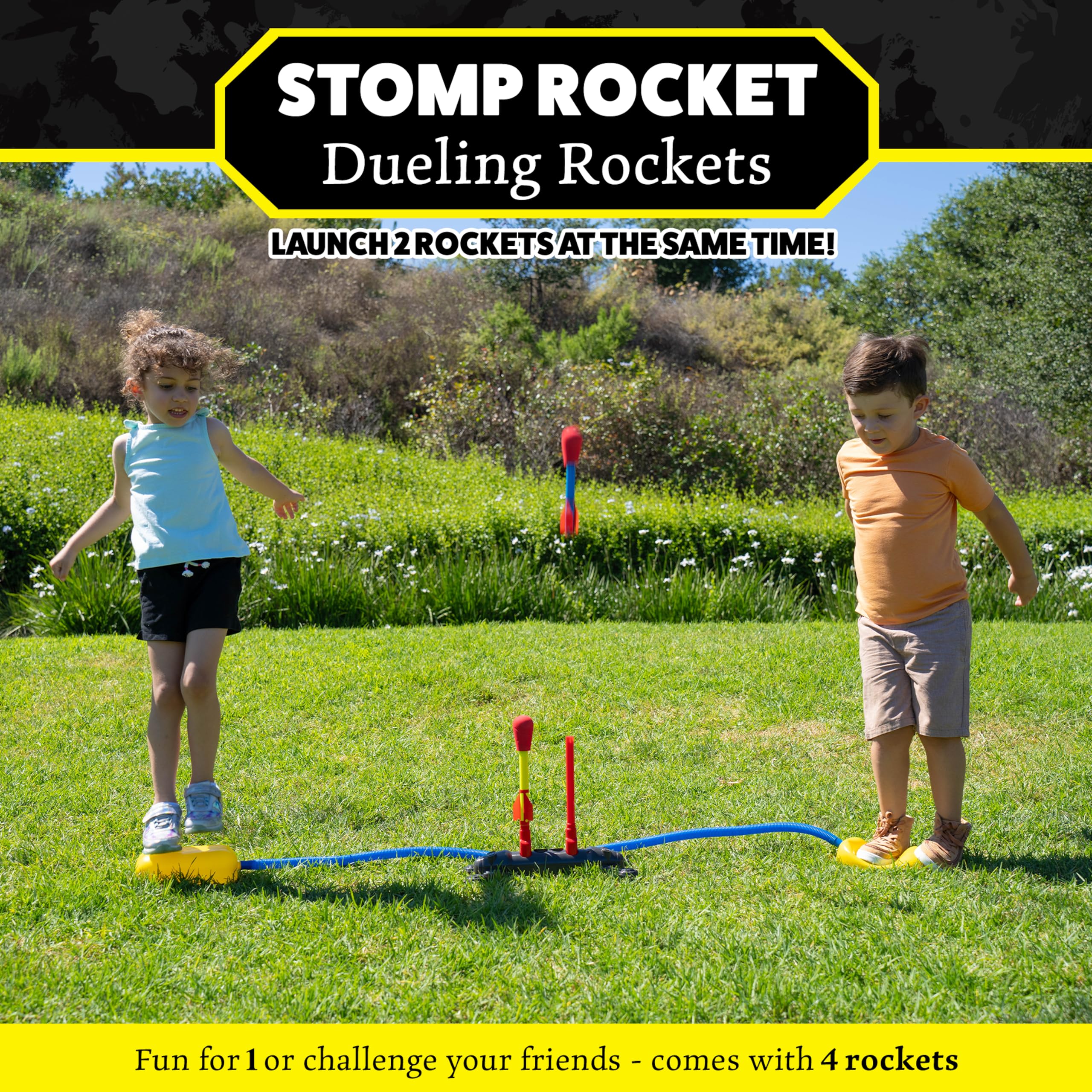 Stomp Rocket Original Dueling Rocket Launcher for Kids, 4 Rockets - Fun Backyard & Outdoor Kids Toys Gifts for Boys & Girls - Toy Foam Blaster Set Soars 200ft - Multi-Player Launcher Stand