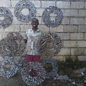 Front Door Metal Wreath with Flowers and Branches, Garden Wall Hanging Lid Sculpture, Handmade in Haiti 23 in. x 23 in.