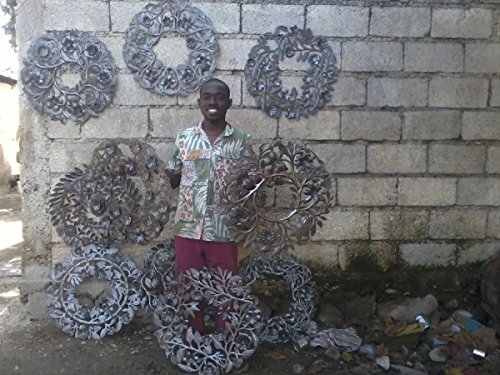 Front Door Metal Wreath with Flowers and Branches, Garden Wall Hanging Lid Sculpture, Handmade in Haiti 23 in. x 23 in.