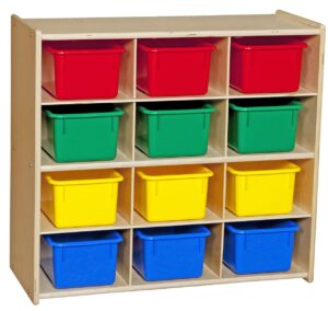 contender 12 compartment toy storage cabinet with assorted bins, montessori shelves for organizing kids art & craft supplies for classrooms [fully assembled]