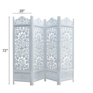 COTTON CRAFT Room Divider Wood Floor Screen - Kamal Antique White 4 Folding Panel 72x80 - Portable Reversible Functional Decorative Partition - Reversible Boho Freestanding Small Spaces Privacy