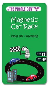 the purple cow magnetic travel car race game - airplane games & quiet games. game box for kids & adults. fun game where you get to race each other around a track, car race