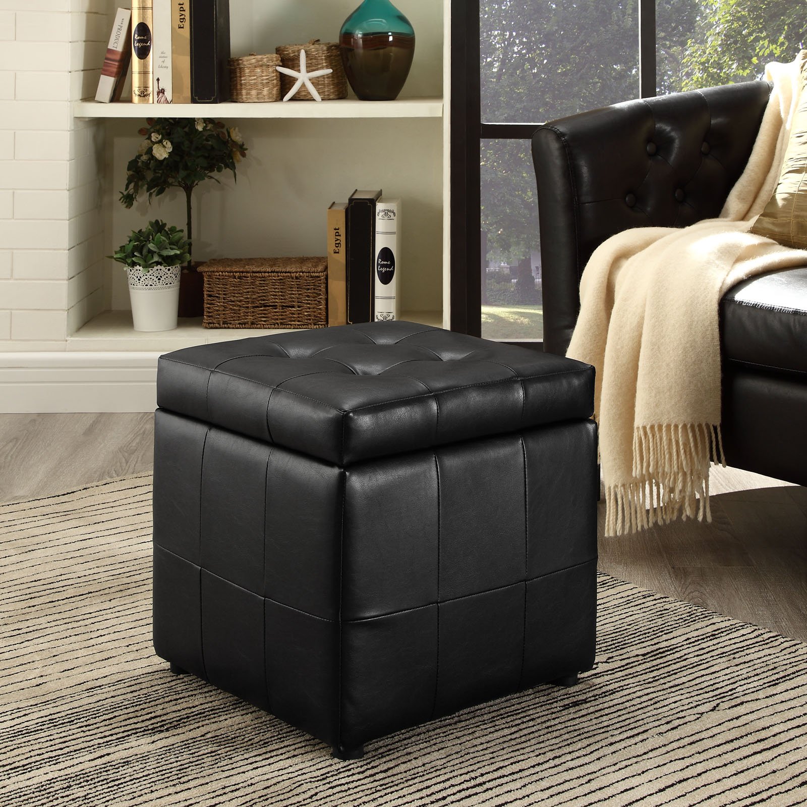 Modway Volt Tufted Faux Leather Square Storage Ottoman Cube In Black